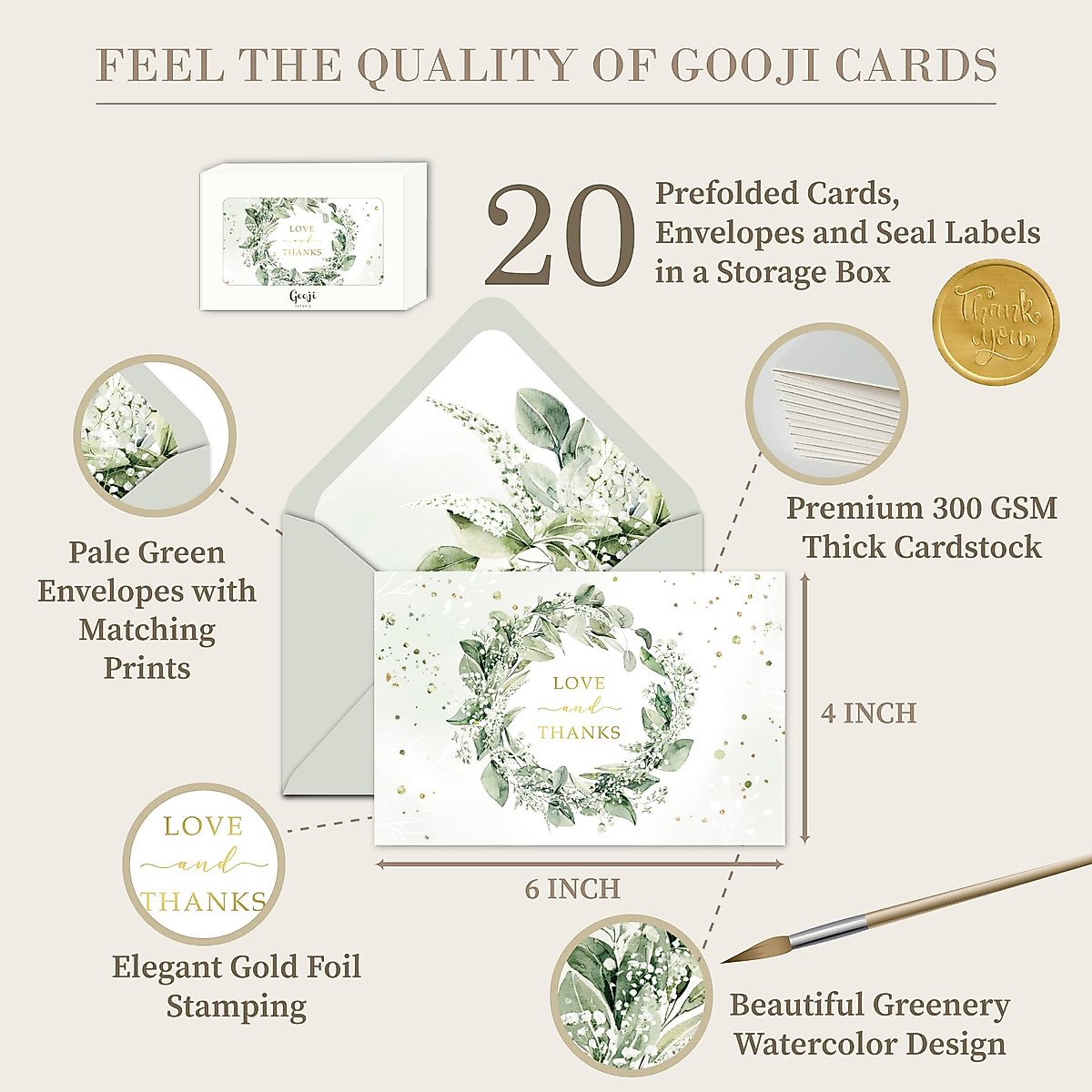 Gooji 4x6 Greenery Thank You Cards with Envelopes (Bulk 20-Pack) Bridal Shower Thank You Cards with Envelopes | Birthday Party, Baby Shower, Weddings, Greeting, Blank Notes, Small Business