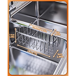 SWTYMIKI Sponge Holder for Kitchen Sink with Partition, Movable Kitchen Sink Caddy with Compact Size Rustproof and Waterproof Hanging Sink Sponge Caddy for Double Bowl Sinks, Silver