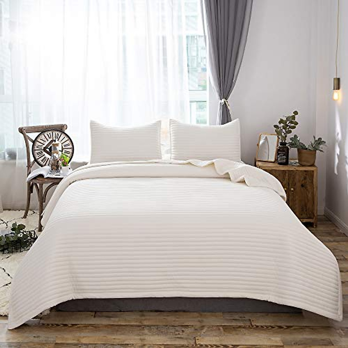 DAWNDIOR King Quilt Bedding Sets & Collections Modern Farmhouse Boho Luxury Neutral Stitch Bedspread Coverlet Soft Lightweight Cream Reversible Comforter for Summer (1 Quilt,2 Pillow Shams)