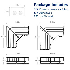 JOMOQ Shower Caddy, 2 Pack Corner Shower Caddy, Adhesive Shower Organizer,Rustproof Stainless Steel No Drilling Shower Shelf for Bathroom and kitchen Storage, Matte Black