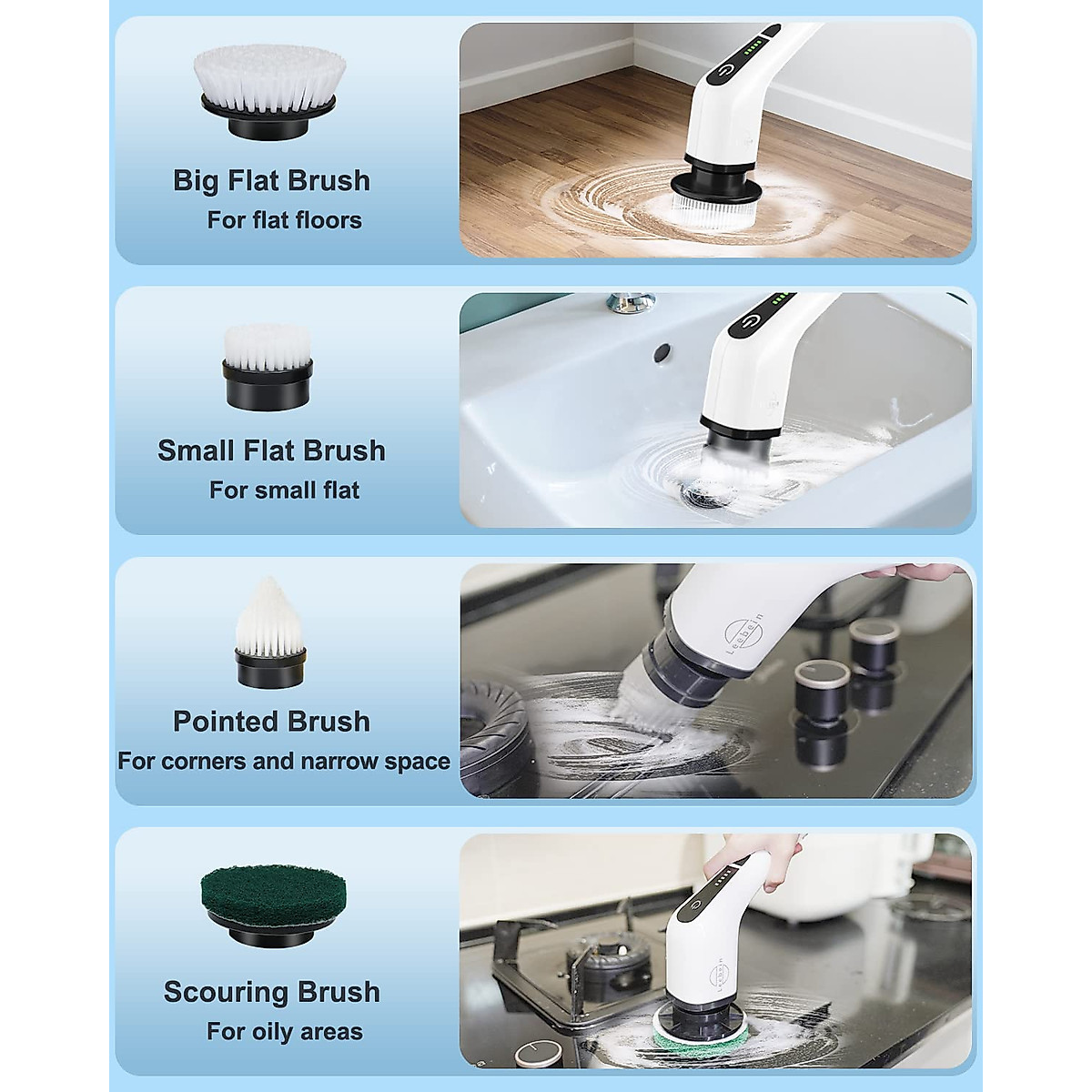 Vaxeple Electric Spin Scrubber, Cordless Cleaning Brush with 54" Adjustable Long Handle and 8 Replaceable Brush Heads, 2 Working Speed Shower Scrubber