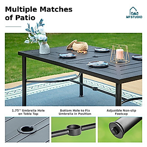 MFSTUDIO 7-Piece Metal Patio Dining Sets with 6 Steel Striped Armrest Chairs and 64" Rectangular Outdoor Dining Table,1.7" Umbrella Hole (Black)