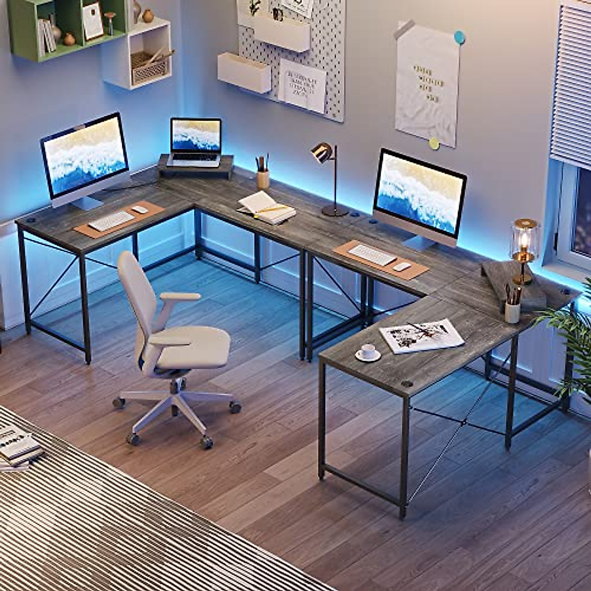 Bestier L Shaped Desk 95.2 Inch 2 Person Long Desk or Reversible Corner Computer Desk for Home Office Large Craft Table U Shaped Gaming Workstation with Monitor Stand & 3 Cable Holes, Gray