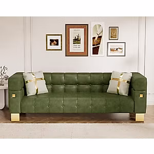 ReyTinn PU Faux Leather Sofa, 83.86" Mid-Century Modern Oversized Loveseat Couch, Large Classic Upholstered 3-Seater Deep Sofa with Arms for Living Room, Apartment, Office Green
