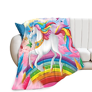 Unicorn Blanket for Girls Cute Cartoon Unicorn Rainbow Pattern Throw Blanket for Kids Unicorn Gifts Lightweight Super Warm Soft Cozy Plush Fleece Flannel Blanket for Women Birthday Gifts Pink 50"X40"