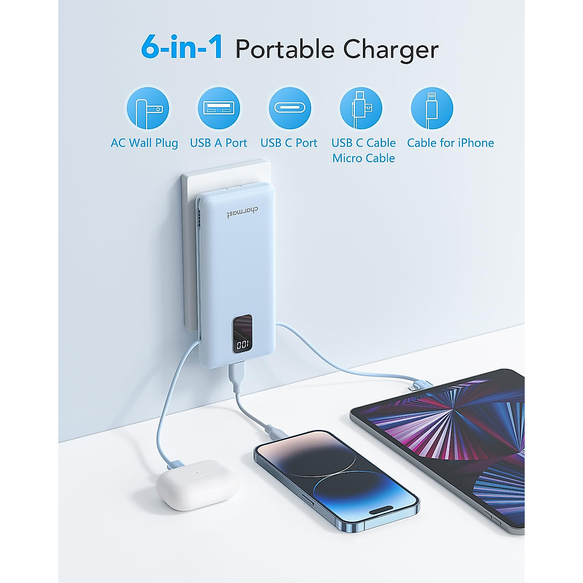 Charmast Portable Charger with Built-in Cables and AC Wall Plug, 10000mAh Ultra Slim Power Bank, External Battery Pack, Travel Accessories Compatible with iPhone 14/13, Samsung Galaxy, etc
