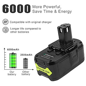 ARyee 6000Ah 18V P108 Replacement Battery for Ryobi 18V Lithium Battery P102 P103 P104 P105 P107 P109 Ryobi ONE+ Cordless Tool