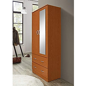 Hodedah Two Door Wardrobe with Two Drawers and Hanging Rod plus Mirror, Cherry