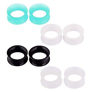 Stuppendux 4Pairs Black White Transparent Turquoise Soft Silicone Flexible Ear Skin Tunnels Plugs Expanders Gauges Hollow Body Piercing 3/4" 20mm