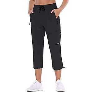 BALEAF Women's Hiking Cargo Capris Outdoor Lightweight Water Resistant Pants UPF 50 Zipper Pockets Black Size L