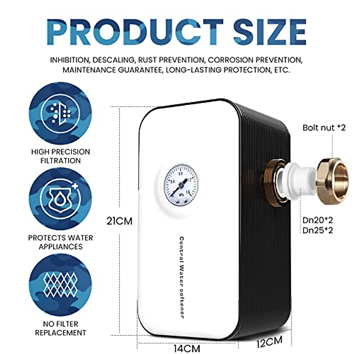 Whole House Water Filtration System, Central Water Softener, Reusable Pure Physical Type Salt-Free Softener That Inhibits Limescale, 10 Years of Use Without Change, Joint U.S. and Chinese Tech