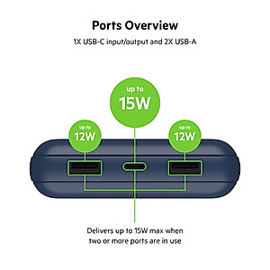 Belkin BoostCharge USB-C Portable Charger 20k Power Bank w/ 1 USB-C Port and 2 USB-A Ports with USB-C to USB-A Cable for iPhone 15, 15 Plus, 15 Pro, 15 Pro Max, Samsung Galaxy S24, & More - Blue