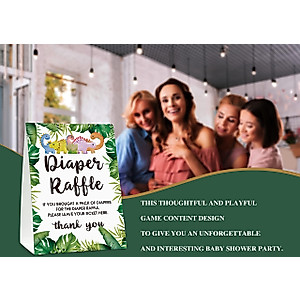 Diaper Raffle Baby Shower Game Set(1 Standing Sign + 50 Guessing Cards), Dinosaur Theme Diaper Raffle Tickets for Baby Shower, Safari Jungle Baby Shower Party Favor Decor - A18