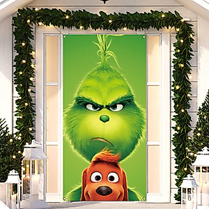 Nepnuser Grinchmas Door Cover Christmas Green Elf Decoration Winter Holiday Party Backdrop Door Hanging Banner