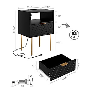 Masupu Nightstand with Charging Station,Mid-Century Modern Bedside Table with Storage Drawer and Open Wood Shelf,Small Gold Frame Side Table for Bedroom,Living Room(Black)