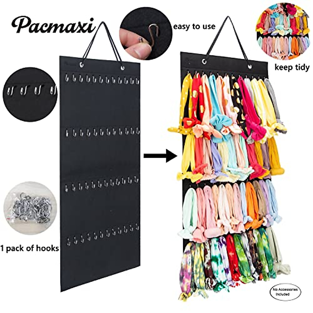 PACMAXI Hanging Headbands Holder for Baby Girls for 48 headband, Bows Headbands Organizer for Baby Girls, Baby Bow Holder Organizer, Baby Headbands Holder Organizer for Door, Closet, Wall (Black)
