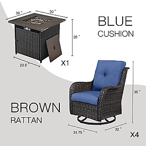 Wicker Patio Furniture Set- 4 Pieces Outdoor Swivel Rocker Chairs with 50,000 BTU Fire Pit Table,PE Rattan Outdoor Conversation Set for Garden Porch Deck