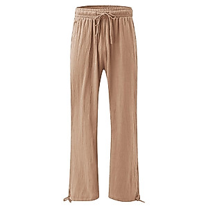 SHAOBGE Linen Pants for Women Summer High Waisted Wide Leg Pants Casual Elastic Waist Palazzo Pants Beach Pants with Pockets, X-Large, #2-Khaki
