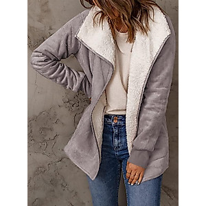 Dokotoo Womens Winter Warm Long Sleeve Open Front Fleece Jacket Stand Collar Sherpa Lined Outerwear Fashion Thicken Faux Suede Coats Jackets for Women 2024,XL,Gray
