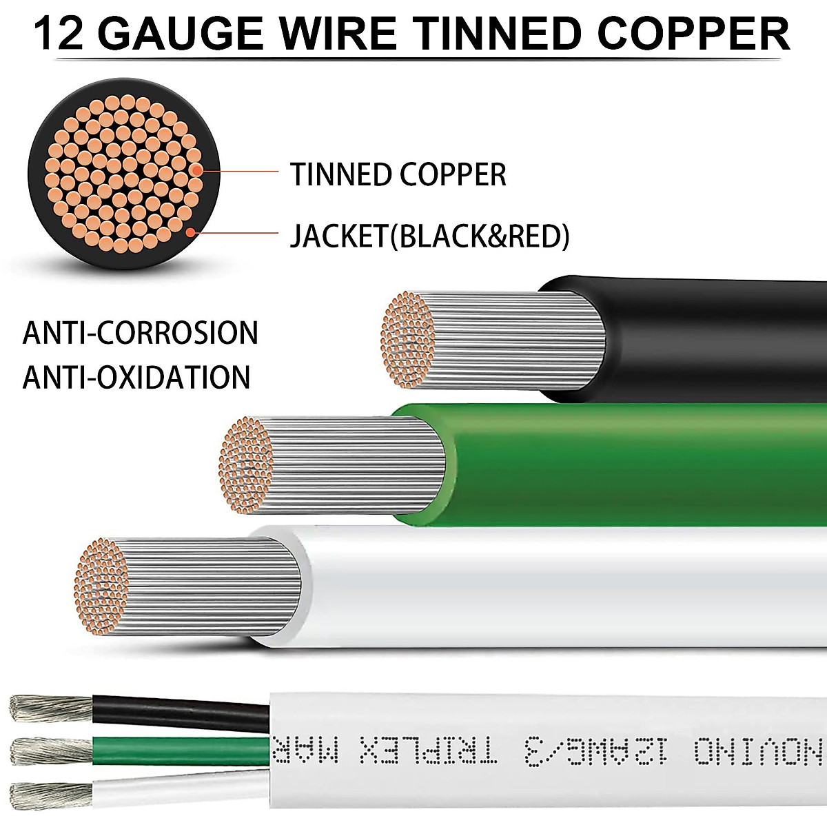 12 Gauge Marine Wire 12/3 12AWG Marine Grade Wire Triplex Tinned Copper Boat Cable,12 Gauge OFC Oxygen Free Copper Cable for Automotive RV Boat Speaker Solar Outdoor - 50ft
