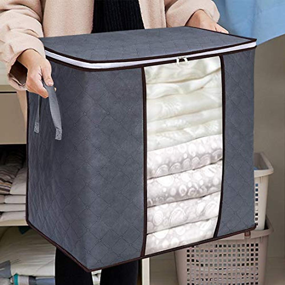 Kernorv Large Capacity Clothes Storage Bags, Set of 3 Breathable Foldable Durable Thick Fabric blanket Closet Organizer with Sturdy Zipper for Clothes,Comforters,Blankets,Pillows,Bedding (Grey)