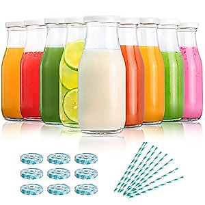 YEBODA 11oz Glass Milk Bottles with Reusable Metal Twist Lids and Straws for Beverage Glassware and Drinkware Parties, Weddings, BBQ, Picnics, Set of 9