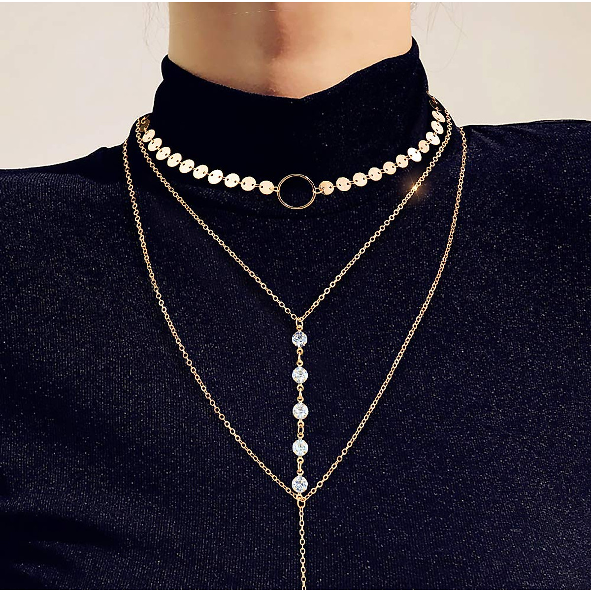Suyi Stylish Layered Sequins Choker Necklace with Thin Long Chain Pendant for Women Lady (Crystal Gold)