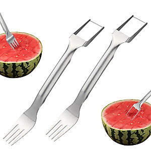 2pcs Watermelon Slicer Fork, Stainless Steel Watermelon Slicer Cutter Summer 2-in-1 Watermelon Fork Slicer Fruit Cutting Fork Tool