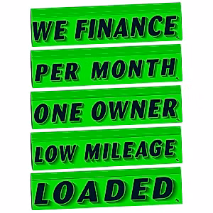 Versa Tags Windshield Slogan Stickers 12 Pack Each of WE Finance, PER Month, ONE Owner, Low Mileage, Loaded (60) Window Stickers Total Dealership Stickers Black On Green