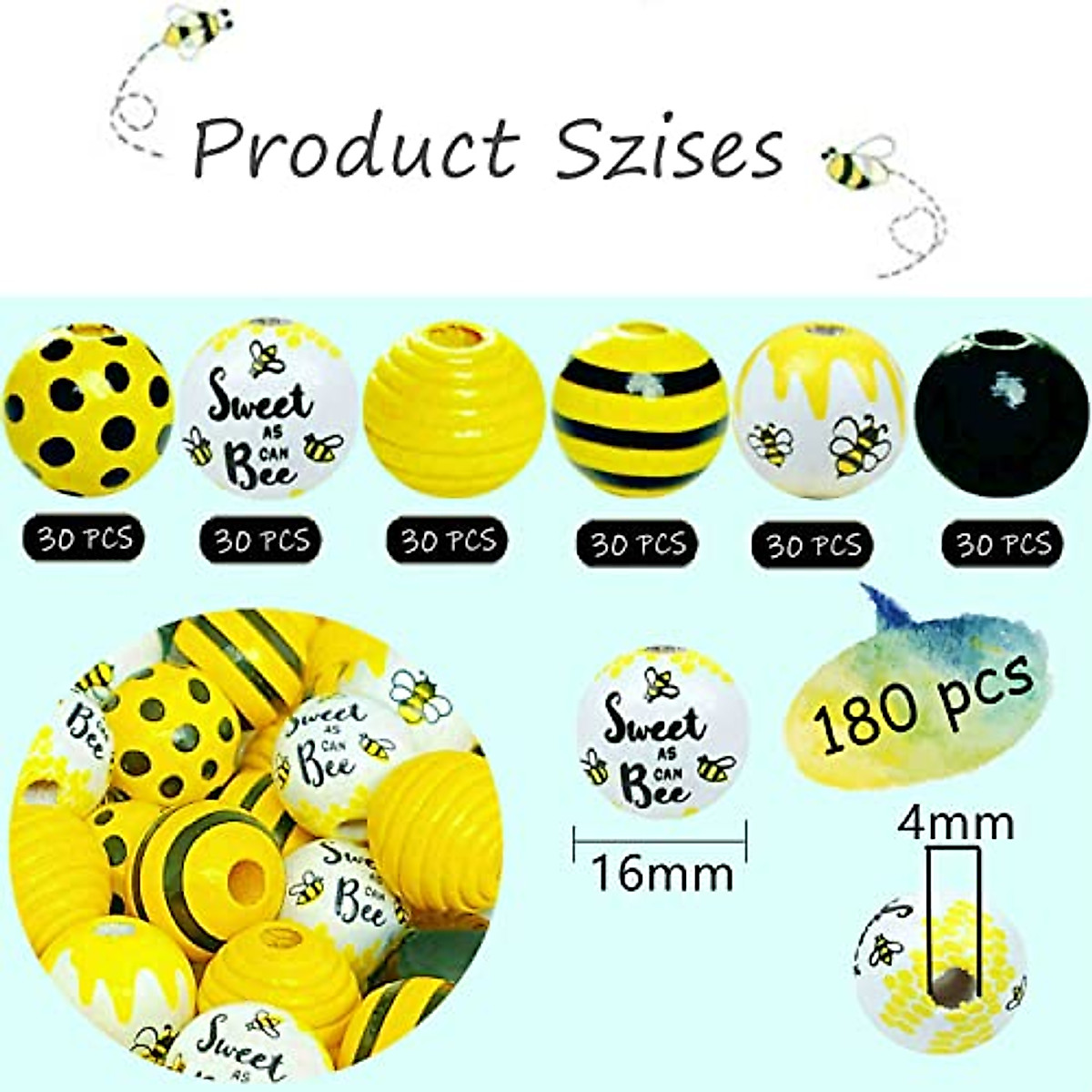 180 Pcs 16mm Bee Wood Beads-Yellow Black White Spring Summer Loose Beads,Bee Honeycomb Wooden Beads for Craft and Jewelry Making,Bee Themed Rustic Beads for Bee Day Tiered Tray Garland Decorations