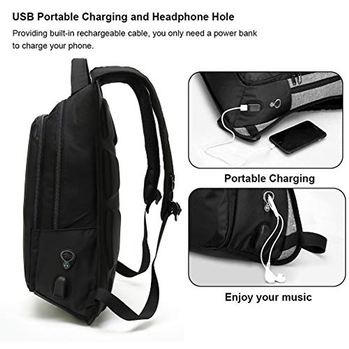 HuaChen Anti-theft Travel Backpack, Business Laptop School College Bookbag with USB Charging Port for Men Women (JSS11_Black)