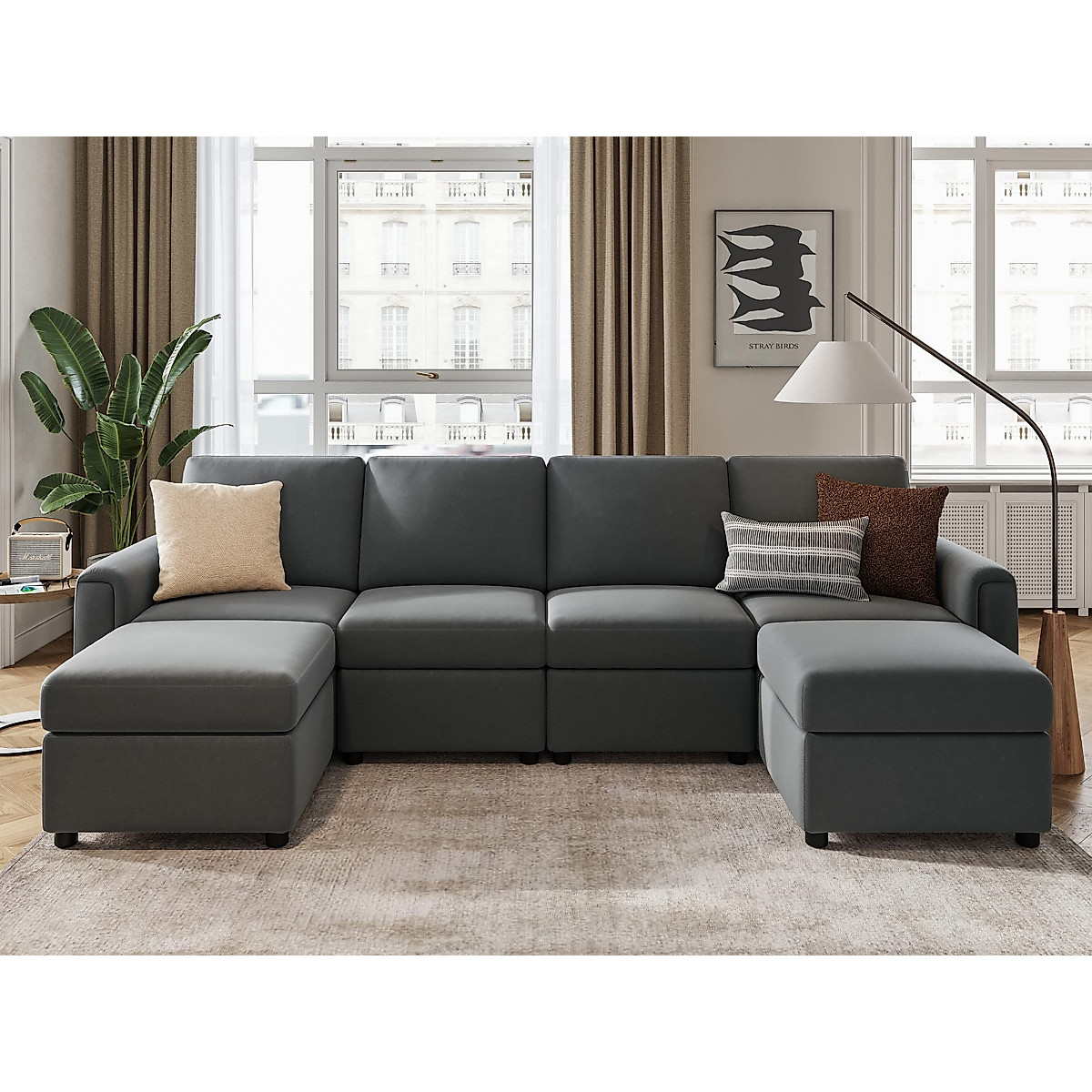 LINSY HOME Modular Sectional Sofa, Convertible U Shaped Sofa Couch with Storage, Memory Foam, Modular Sectionals with Ottomans, 6 Seat Sofa Couch with Chaise for Living Room, Dark Grey