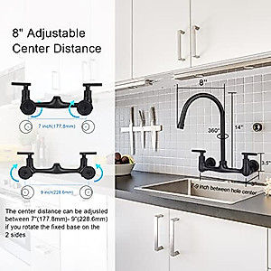 RWUSNX Commercial Wall Mount Kitchen Faucet with 8" Gooseneck Swivel Spout, 8 Inch Center Commercial Sink Faucet for Backsplash Mount Restaurant Kitchen Chrome Finish