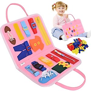 CNHBSS Busy Board, Montessori Toddler Toys, Felt Sensory Board, Gifts for 1 2 3 4 Boys and Girls, Learning Fine Motor Skills Cognitive Letters and Numbers, Toddler Activities Travel Toys(Pink)