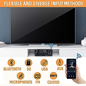 Sunbuck Max 400Wx2 Power Amplifier, 2 Channel Stereo Amplifier, Stereo Receivers with Bluetooth 5.0, Outdoor Speaker Receiver with Remote Control, Hi-Fi Small Amplifier for Speakers, AS-35BU