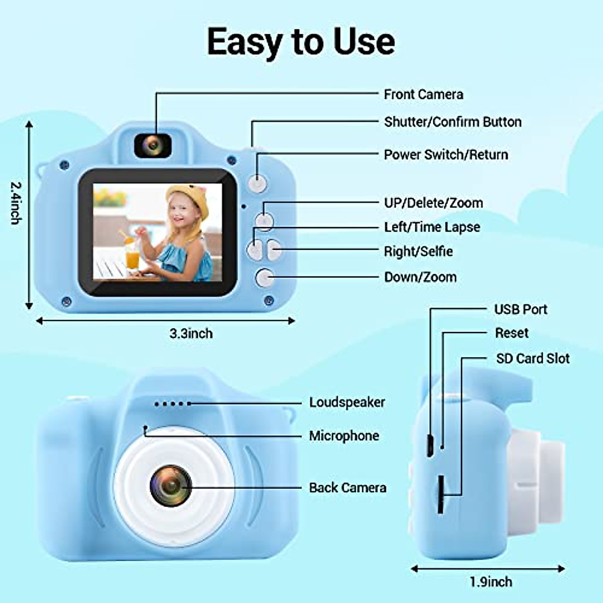 Kids Camera for Boys HOMHOW Toddler Camera for Girls Boys Children, Selfie Camera Kid Toys Christmas Birthday Gift Age 3 4 5 6 7 8 9 Year, 2inch IPS Screen with 32GB SD Card Blue