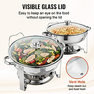 VEVOR Chafing Dish Buffet Set, 4 Qt 2 Pack, Stainless Steel Chafer w/ 2 Full Size Pans, Round Catering Warmer Server w/Vented Glass Lid Water Pan Stand Fuel Holder Hook Spoon, at Least 4 People Each