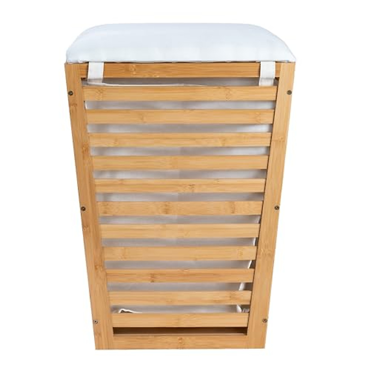 Household Essentials Slatted Natural Bamboo Hamper with Cushioned Lid and Removable Cotton Bag, Natural