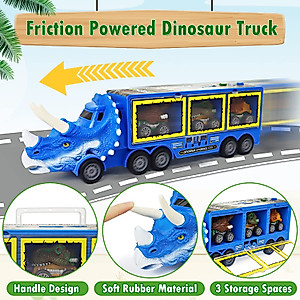 Dinosaur Toys for Kids 3-7, Dinosaur Transport Truck for Boys with Roar & Music Button and Slide, 11 Pack Friction Truck Toy Include 3 Pull Back Dinosaur Cars and 6 Dino Figures, Gift for Children