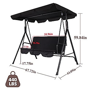 COVERONICS 3-Person Porch Swing Chair, Patio Swing Chair with Adjustable Canopy Outdoor Swing with Steel Frame for Yard, Lawn, Garden, Pool (Black)