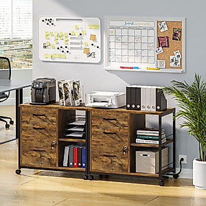 Himusi 3 Drawer Wood File Cabinet with Socket and USB Charging Ports for Home Office, Rolling Lateral Filing Cabinet with Locking Drawer for A4/Letter Size, Printer Stand with Storage, Rustic