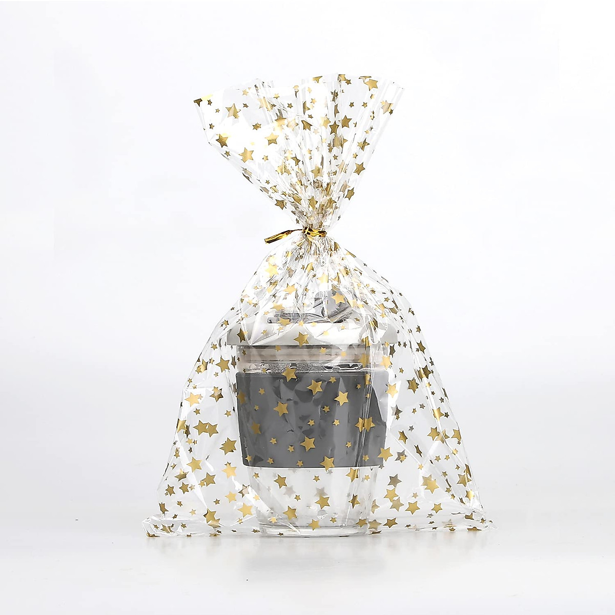 COQOFA 100 Pcs Star Printed 7"X 12" Gift Wrap Cello Cellophane Treat Bags Party Favor bags Clear Candy Cookie Bags Plastic Poly Goodie Storage Bags with Twist Ties for Bakery,Birthday, Wedding ,Party Decorations (Gold)