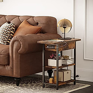 End Table with Charging Station, Narrow Side Table with USB Ports and Outlets, Flip Top Nightstand / Bedside Table / Sofa Couch Table for Small Spaces / Slim End Table for Living Room Bedroom Office