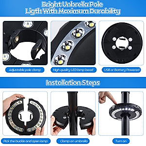 2 in 1 Patio Umbrella Lights, 16Colors 4Modes 104 LED Umbrella String Lights Combination 3 Brightness Modes 28 LED Umbrella Pole Light USB and Battery Operated for Yard Outdoor, Camping Tents