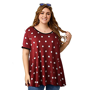 OVERWORETY Womens Short Sleeve Plus Size Tunics Loose Casual Swing Tops Summer Flowy T-Shirts(Red Polka Dots,3X)