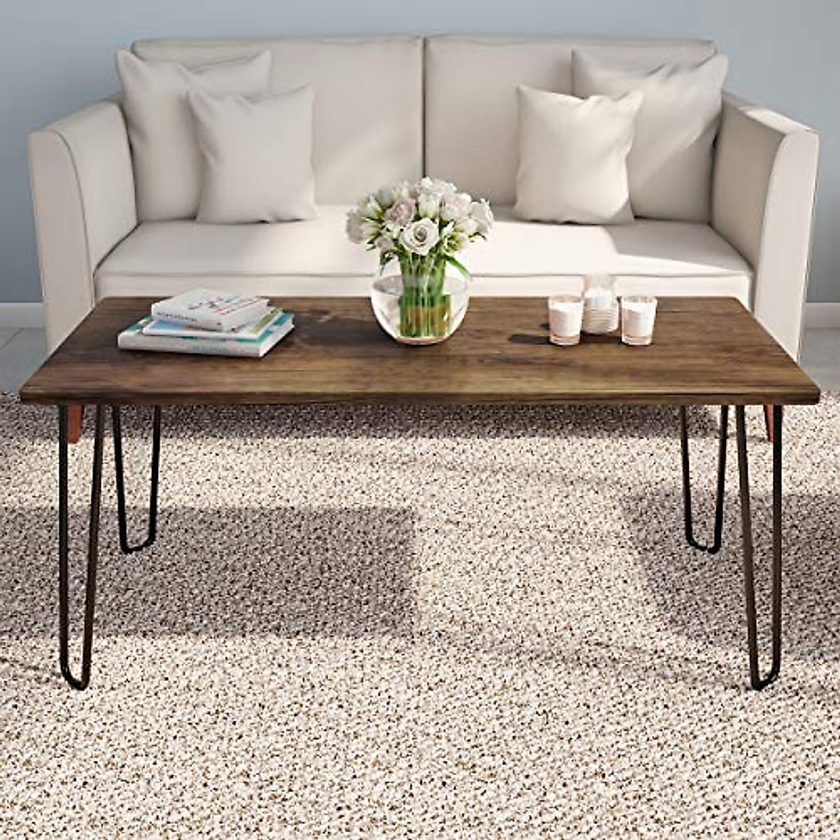 Lavish Home Coffee Table with Hairpin Legs, (L) 41.25” x (W) 19.5” x (H) 17.75”, Brown