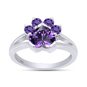 Wishrocks Heart & Round Cut Simulated Amethyst Paw Print Ring Jewelry For Women In 14k White Gold Over Sterling Silver Ring Size- 14