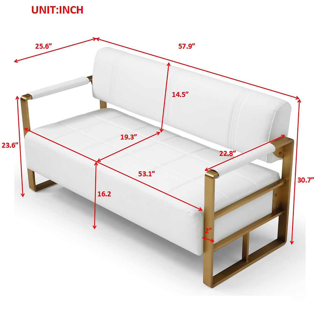57.9" Modern Faux Leather Loveseat Sofa, Accent 2 Seater Couch with Golden Metal Arms, for Living Room Office Small Spaces Apartment Studio, White