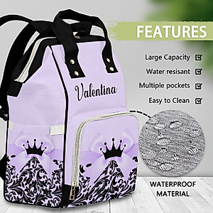 Personalized Diaper Bag Backpack Tote,Princess Bow Black Purple,Custom Diaper Bags for Shower Gift