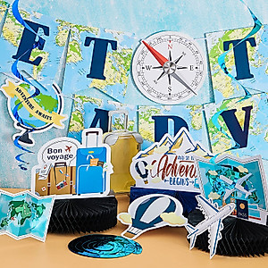 16 Pieces Travel Themed Party Decorations Let the Adventure Begin Banner Bon Voyage Party Decorations Travel Honeycomb Centerpieces for Travel Baby Shower Graduation Retirement Farewell Party Supplies